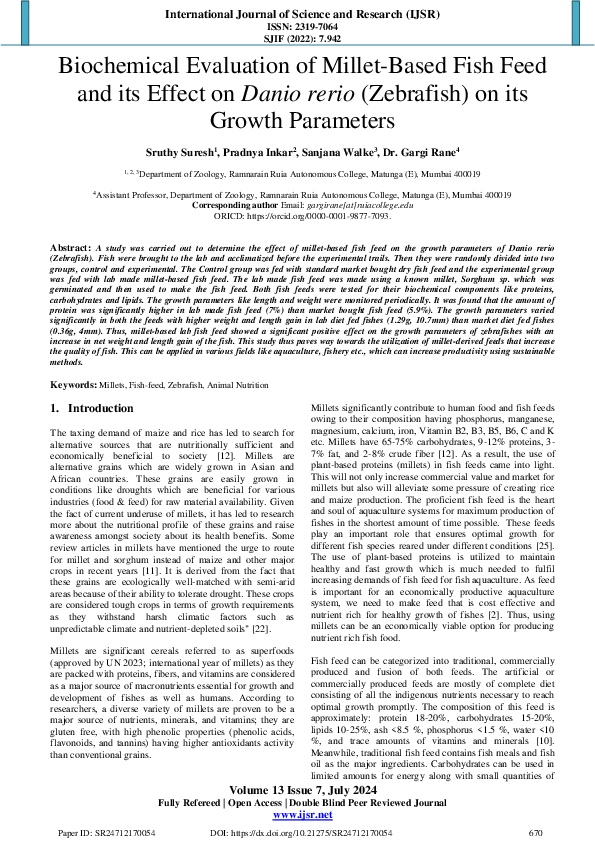 (PDF) Biochemical Evaluation of Millet-Based Fish Feed and its Effect ...