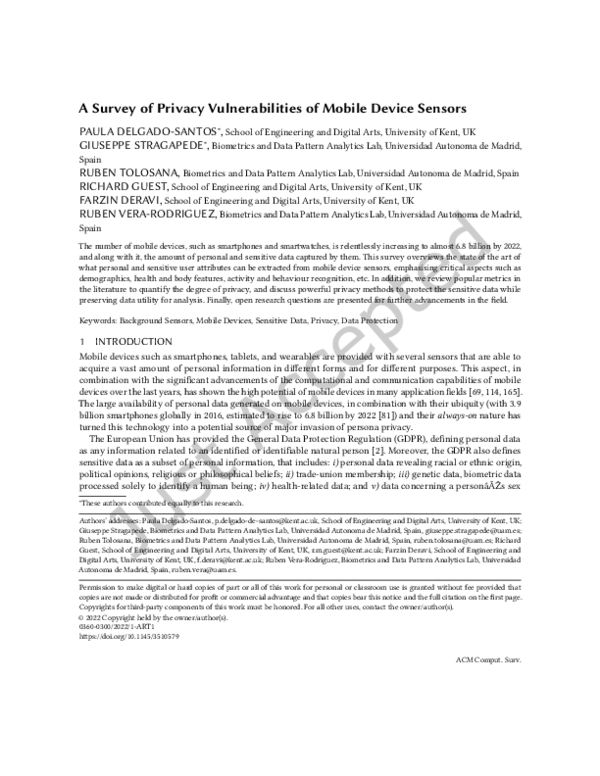 (PDF) A Survey of Privacy Vulnerabilities of Mobile Device Sensors
