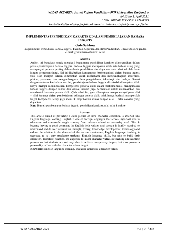 (PDF) Implementasi Pendidikan Karakter Dalam Pembelajaran Bahasa Inggris | I Gede Sutrisna ...