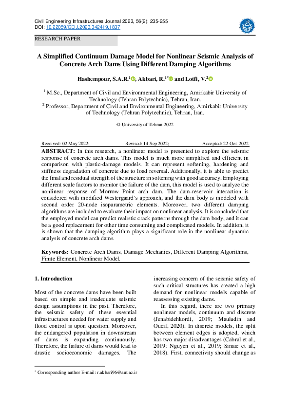 (PDF) A Simplified Continuum Damage Model for Nonlinear Seismic Analysis of Concrete Arch Dams ...