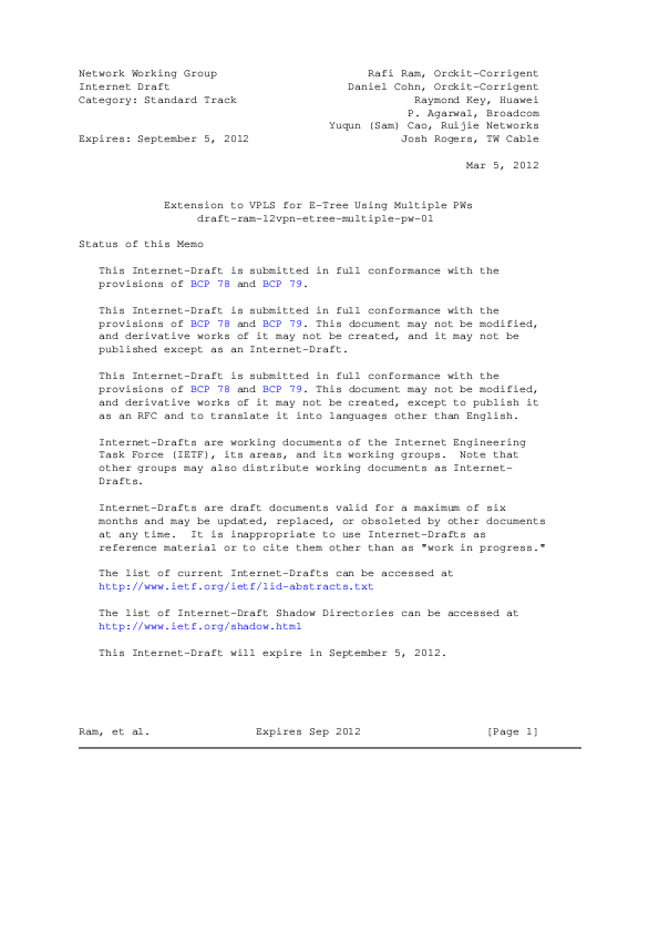 (PDF) Extension to VPLS for E-Tree Using Multiple PWs