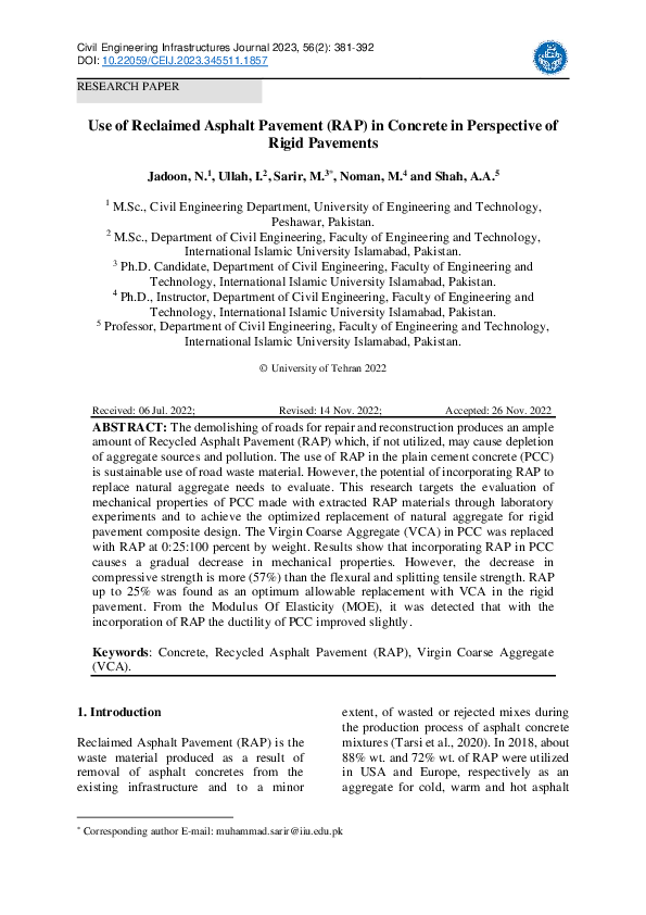 (PDF) Use of Reclaimed Asphalt Pavement (RAP) in Concrete in Perspective of Rigid Pavements