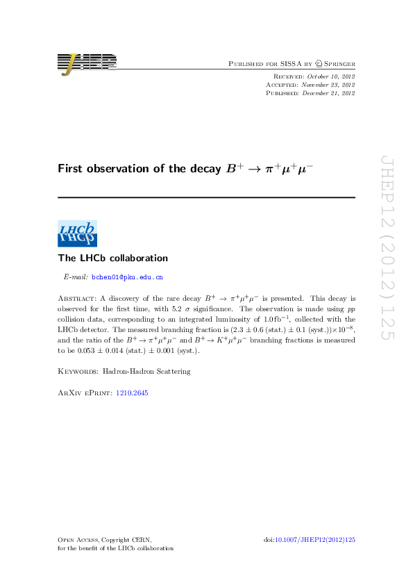 (PDF) First observation of the decay $ B^{+}\ rightarrow\ pi^{+}\ mu ...