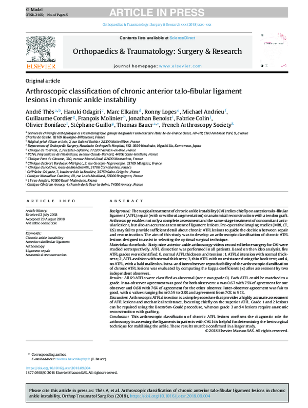 (PDF) Arthroscopic classification of chronic anterior talo-fibular ligament lesions in chronic ...