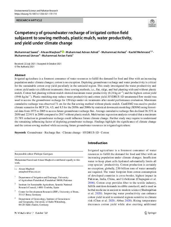 (PDF) Groundwater Recharge in Cotton Under Sowing Methods