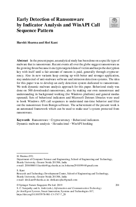 (PDF) Early Detection of Ransomware by Indicator Analysis and WinAPI Call Sequence Pattern