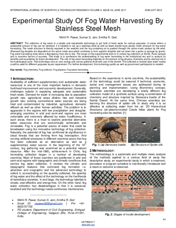 (PDF) Experimental Study Of Fog Water Harvesting By Stainless Steel Mesh
