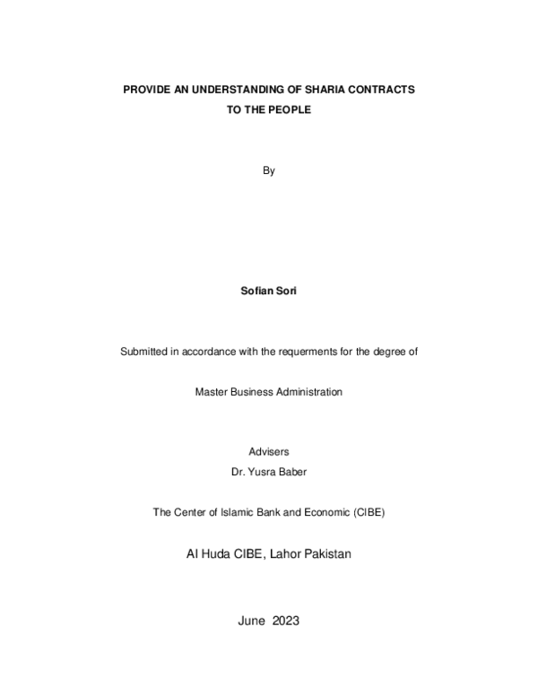 THESIS PROVIDE AN UNDERSTANDING OF SHARIA CONTRACTS By Sofian Sori Al Huda CIBE Lahore Pakistan