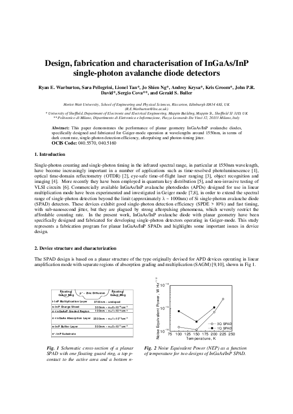 (PDF) Design, fabrication and characterisation of InGaAs/InP single-photon avalanche diode detectors