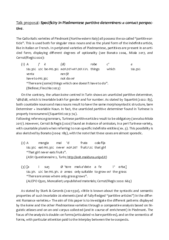 (PDF) Specificity in Piedmontese partitive determiners: a contact ...