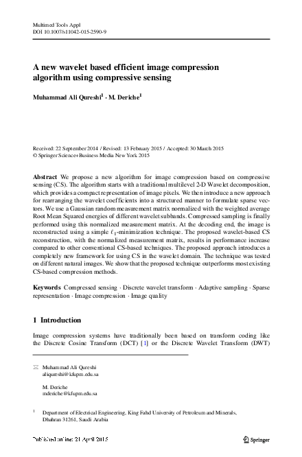 Pdf A New Wavelet Based Efficient Image Compression Algorithm Using Compressive Sensing