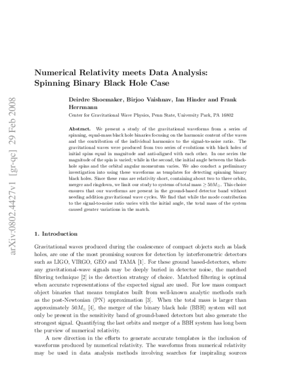 Pdf Numerical Relativity Meets Data Analysis Spinning Binary Black Hole Case Frank Herrmann