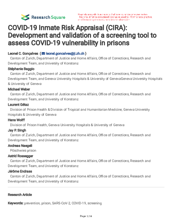 (PDF) COVID-19 Inmate Risk Appraisal (CIRA): Development and validation ...