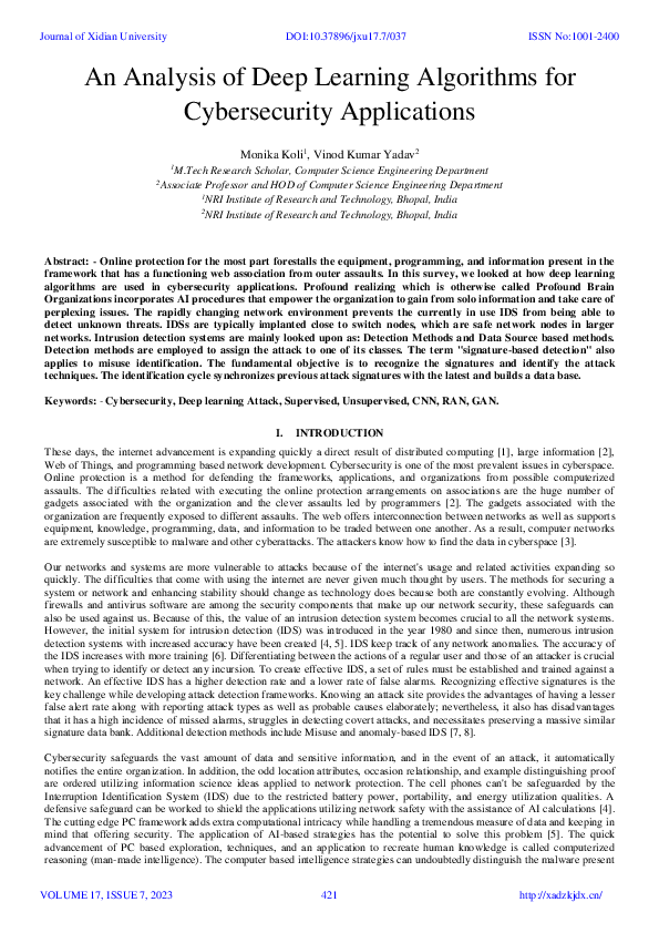 (PDF) An Analysis of Deep Learning Algorithms for Cybersecurity ...