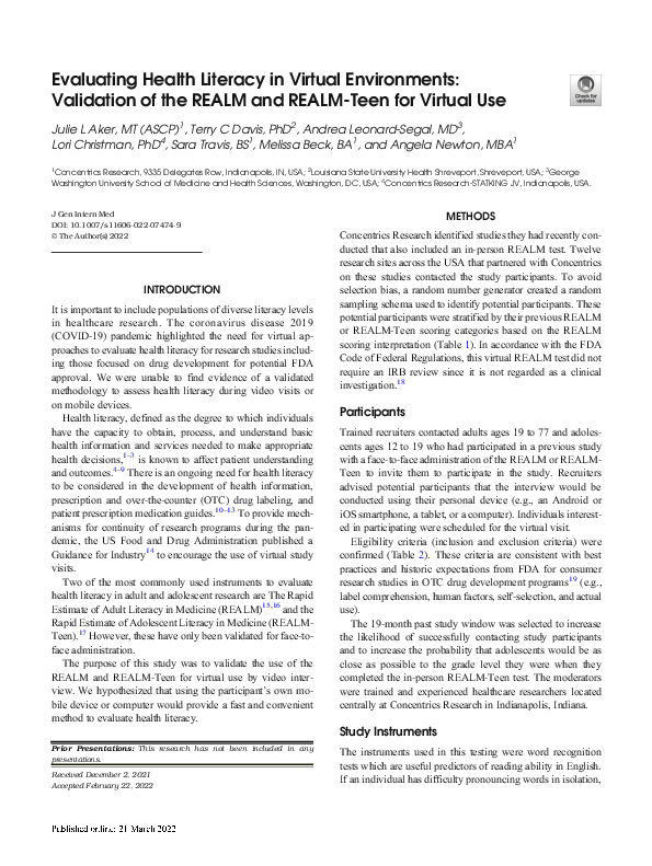 (PDF) Evaluating Health Literacy in Virtual Environments: Validation of ...