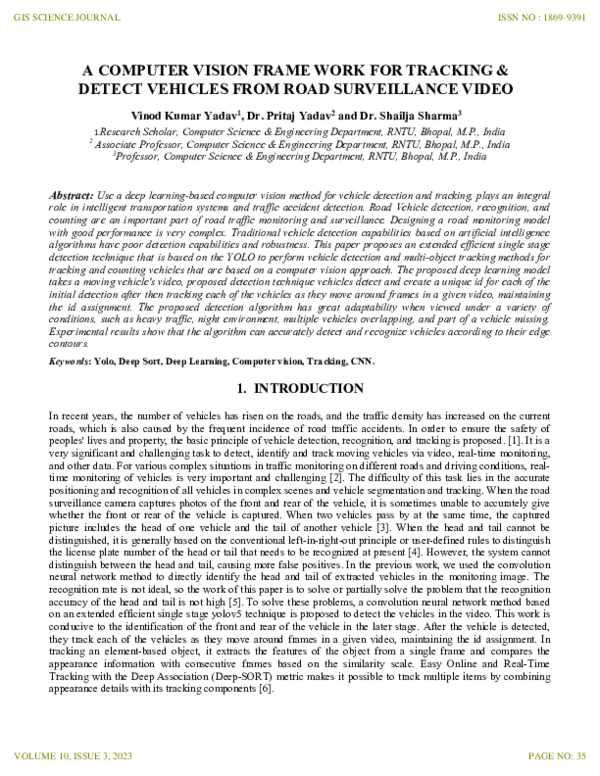 (PDF) A COMPUTER VISION FRAME WORK FOR TRACKING & DETECT VEHICLES FROM ROAD SURVEILLANCE VIDEO