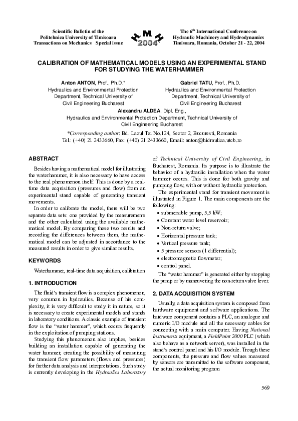 (PDF) Calibration of Mathematical Models Using an Experimental Stand for Studying the Waterhammer
