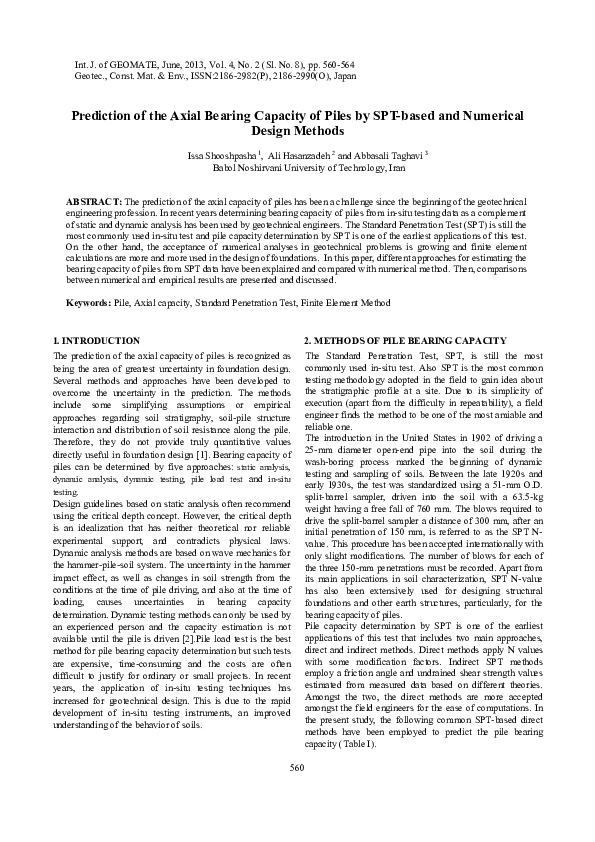 (PDF) Prediction of the Axial Bearing Capacity of Piles by SPT-based and Numerical Design Methods