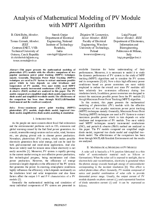 Pdf Analysis Of Mathematical Modeling Of Pv Module With Mppt Algorithm