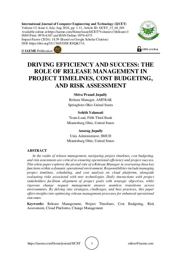 (PDF) DRIVING EFFICIENCY AND SUCCESS: THE ROLE OF RELEASE MANAGEMENT IN PROJECT TIMELINES, COST ...