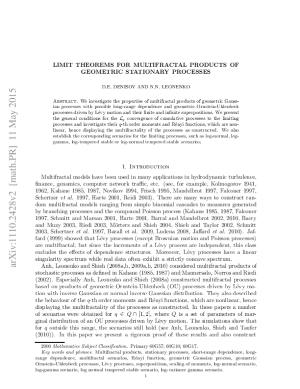 (PDF) Limit theorems for multifractal products of geometric stationary processes