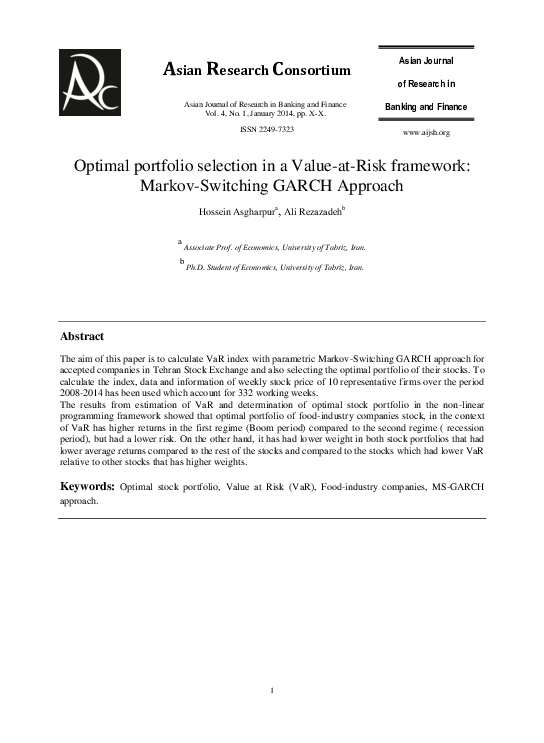 (PDF) Optimal portfolio selection in a Value-at-Risk framework: Markov-Switching GARCH Approach