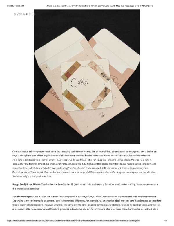 (PDF) Exploring the Concept of Care with Maurice Hamington