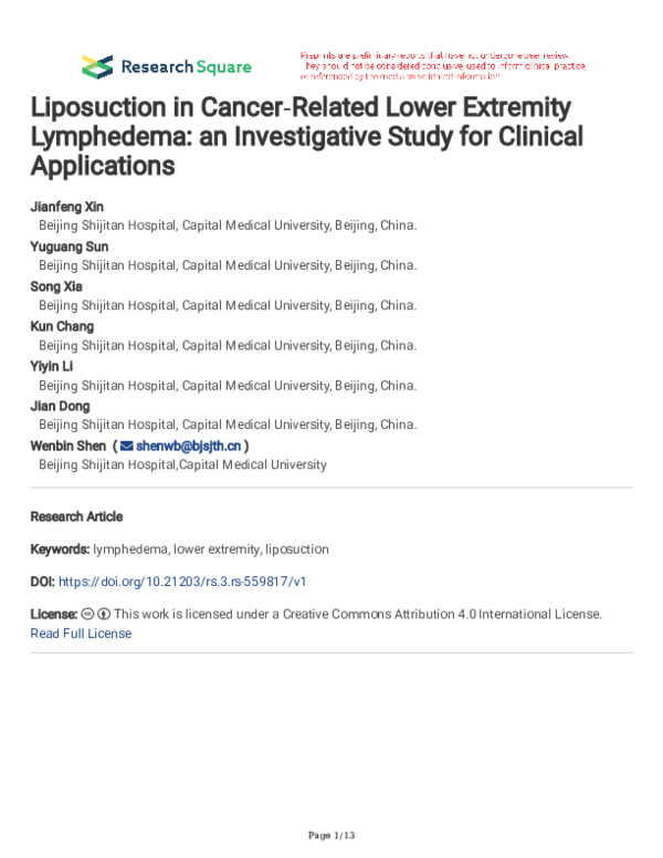 (PDF) Liposuction in Cancer‐Related Lower Extremity Lymphedema: an ...