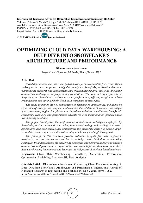 (PDF) OPTIMIZING CLOUD DATA WAREHOUSING: A DEEP DIVE INTO SNOWFLAKE'S ARCHITECTURE AND PERFORMANCE