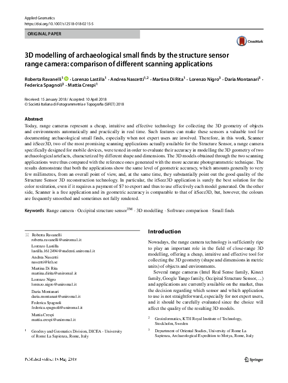 Pdf 3d Modelling Of Archaeological Small Finds By The Structure Sensor Range Camera