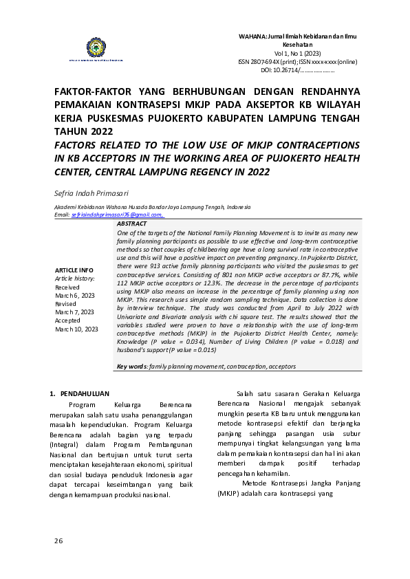 (PDF) Faktor-Faktor Yang Berhubungan Dengan Rendahnya Pemakaian Kontrasepsi MKJP Pada Akseptor ...