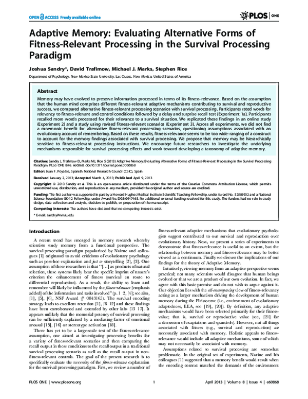 (PDF) Adaptive Memory: Evaluating Alternative Forms of Fitness-Relevant Processing in the ...