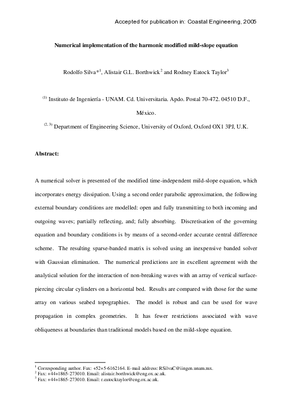 (PDF) Numerical implementation of the harmonic modified mild-slope equation