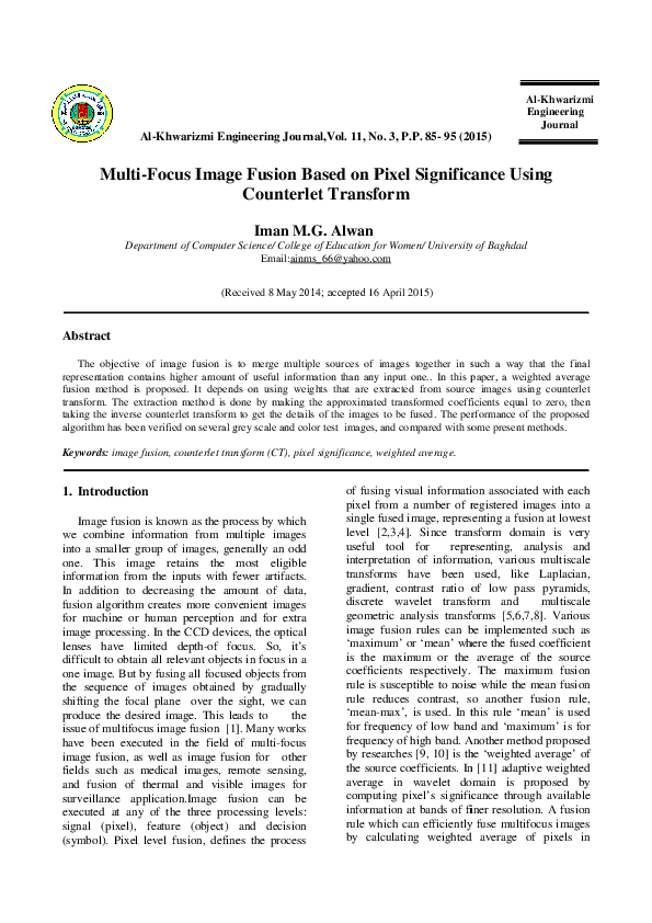 (PDF) Multi-Focus Image Fusion Based on Pixel Significance Using Counterlet Transform