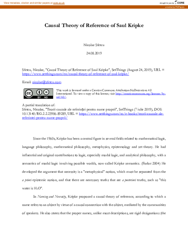 (PDF) Causal Theory of Reference of Saul Kripke