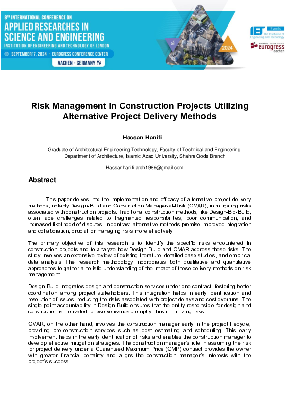 (PDF) Risk Management in Construction Projects Utilizing Alternative ...