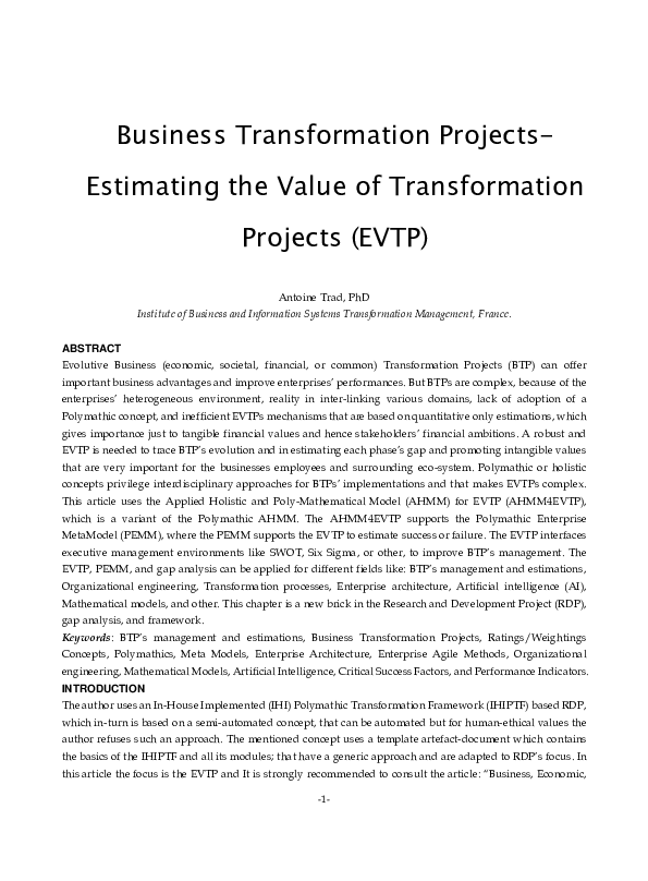 (PDF) Business Transformation Projects- Estimating the Value of ...