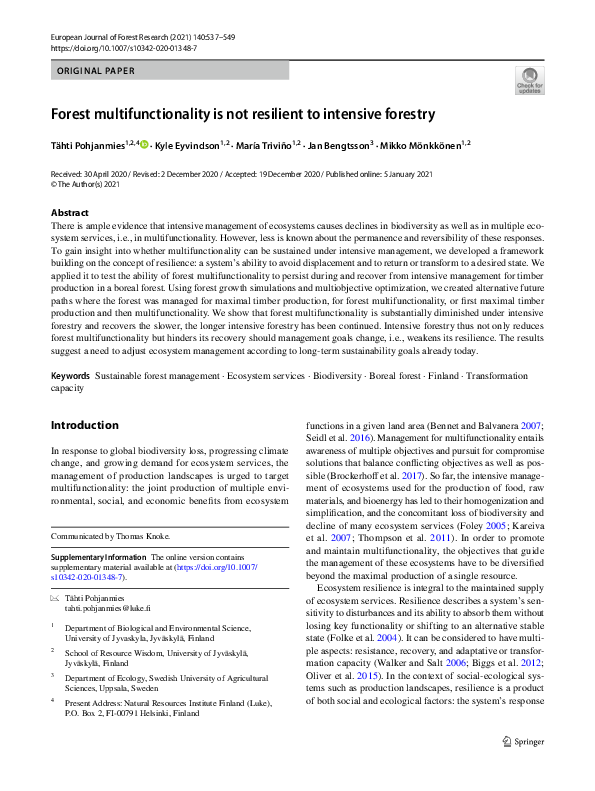 (PDF) Forest multifunctionality is not resilient to intensive forestry | María Triviño ...