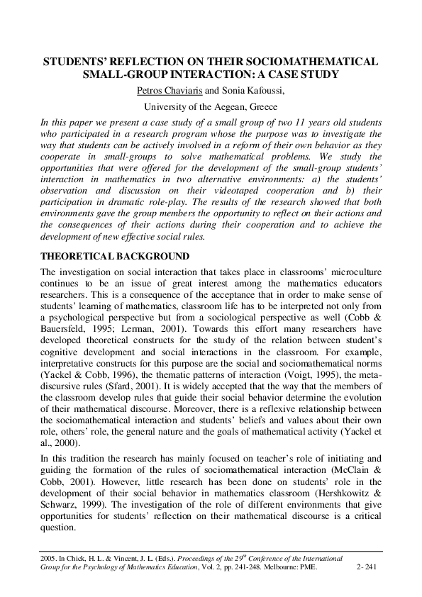 (PDF) Students' Reflection on Their Sociomathematical Small-Group ...
