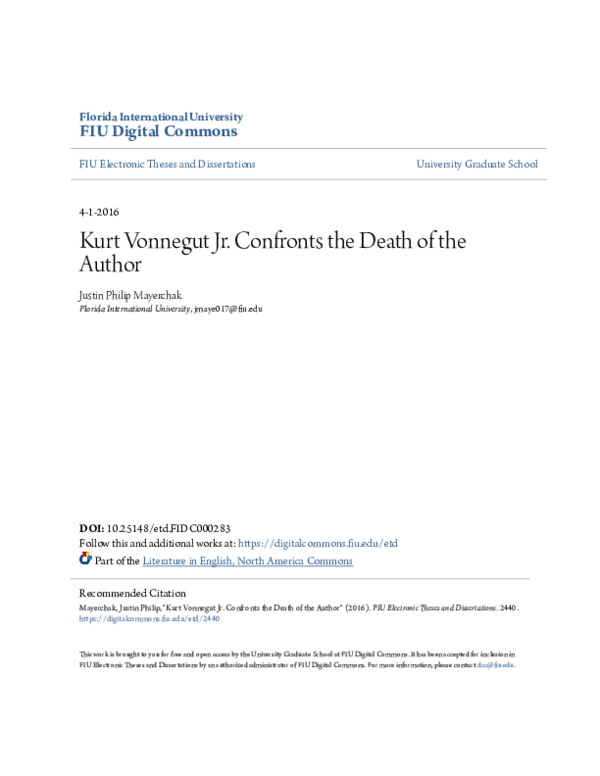 (PDF) Kurt Vonnegut Jr. Confronts the Death of the Author | Justin ...