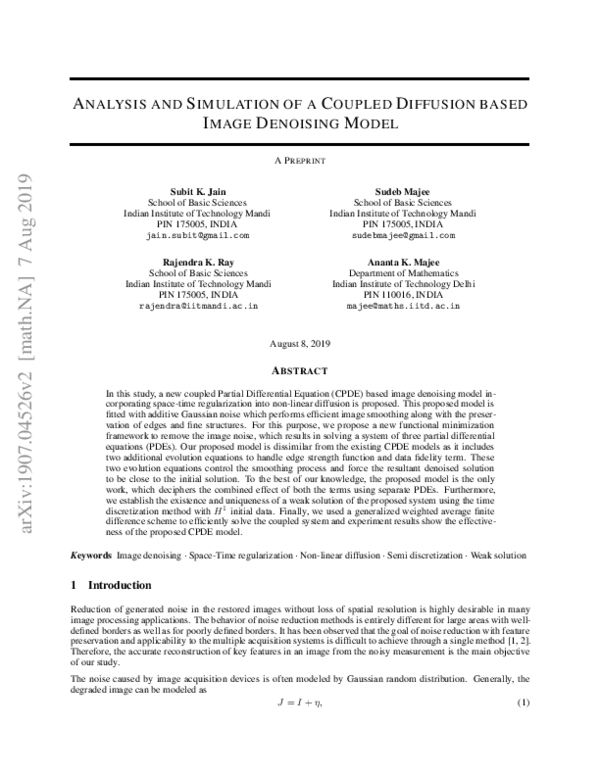 (PDF) Analysis and Simulation of a Coupled Diffusion based Image Denoising Model