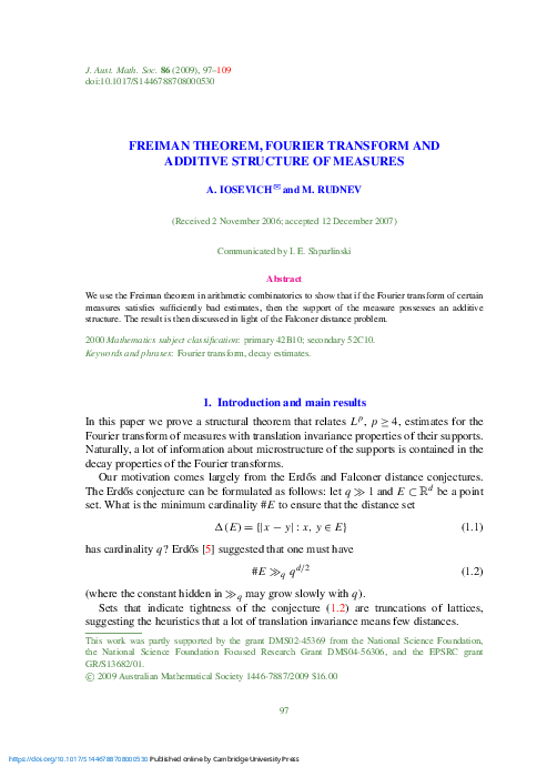 Pdf Freiman Theorem Fourier Transform And Additive Structure Of Measures