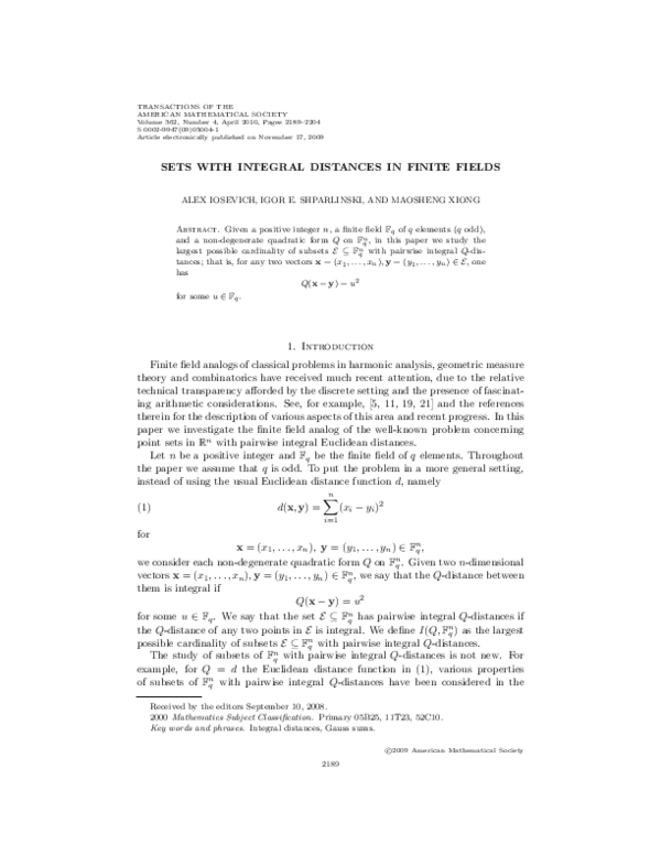 (PDF) Integral Distance Sets in Finite Fields with Quadratic Forms