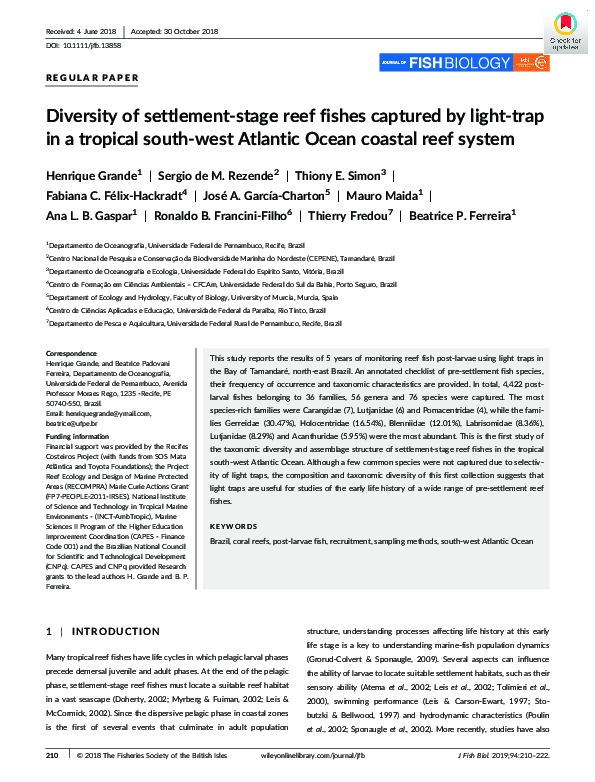 (PDF) Diversity of settlement‐stage reef fishes captured by light‐trap ...