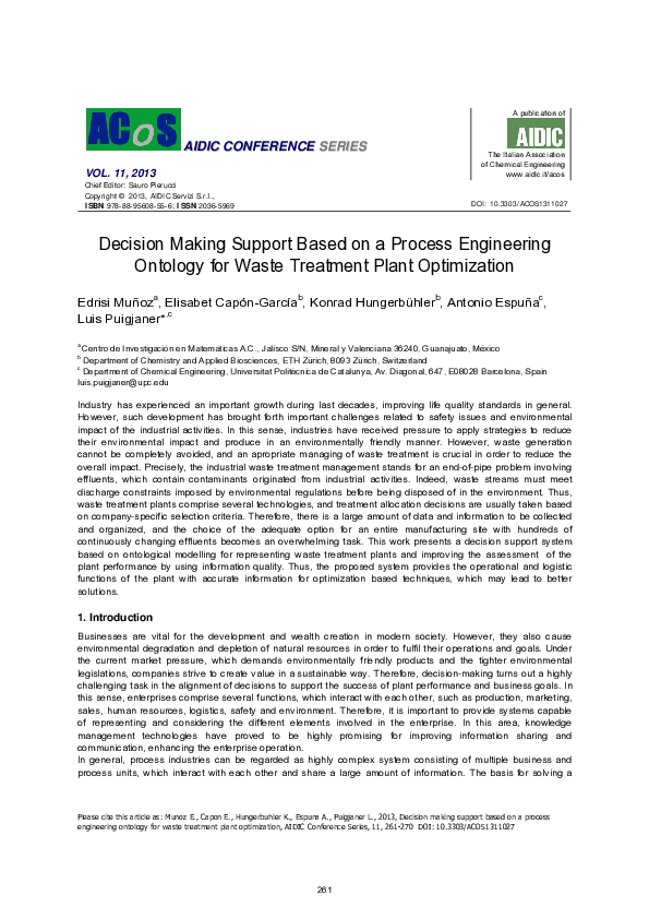 (PDF) Decision Making Support based on a Process Engineering Ontology for Waste Treatment Plant ...