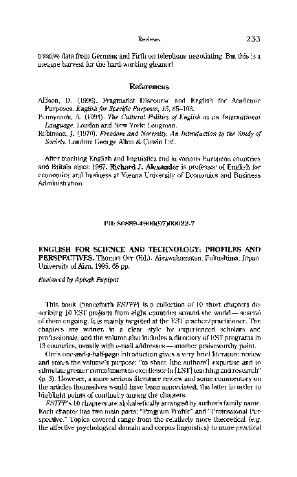 (PDF) English for science and technology: Profiles and perspectives