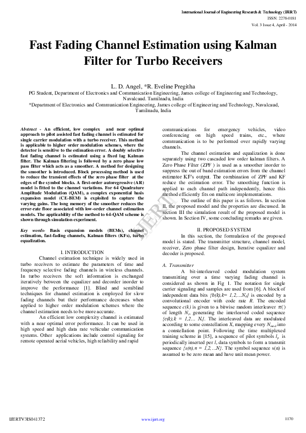 (PDF) Fast Fading Channel Estimation using Kalman Filter for Turbo Receivers