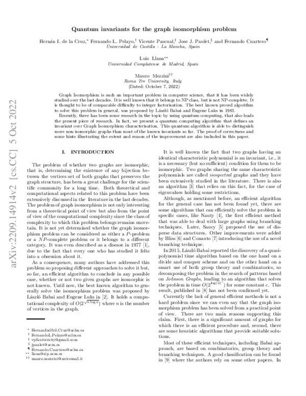 (PDF) Quantum invariants for the graph isomorphism problem