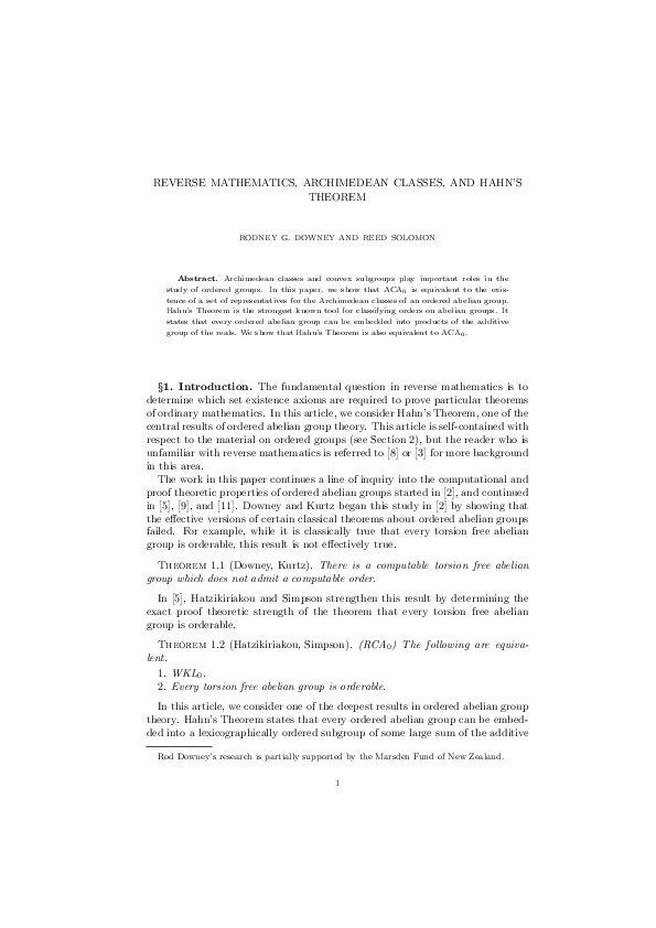 (PDF) Reverse mathematics, Archimedean classes, and Hahn's Theorem