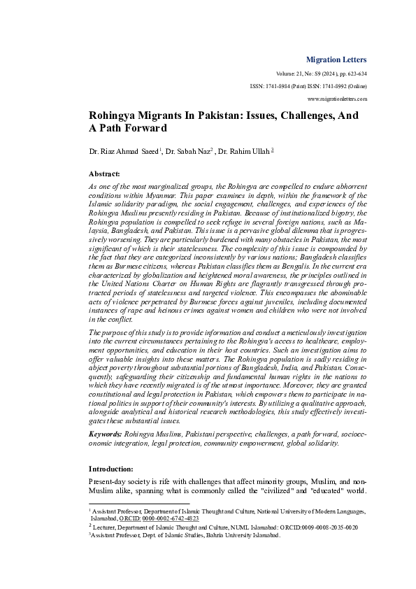 (PDF) Rohingya Migrants In Pakistan: Issues, Challenges, And A Path Forward